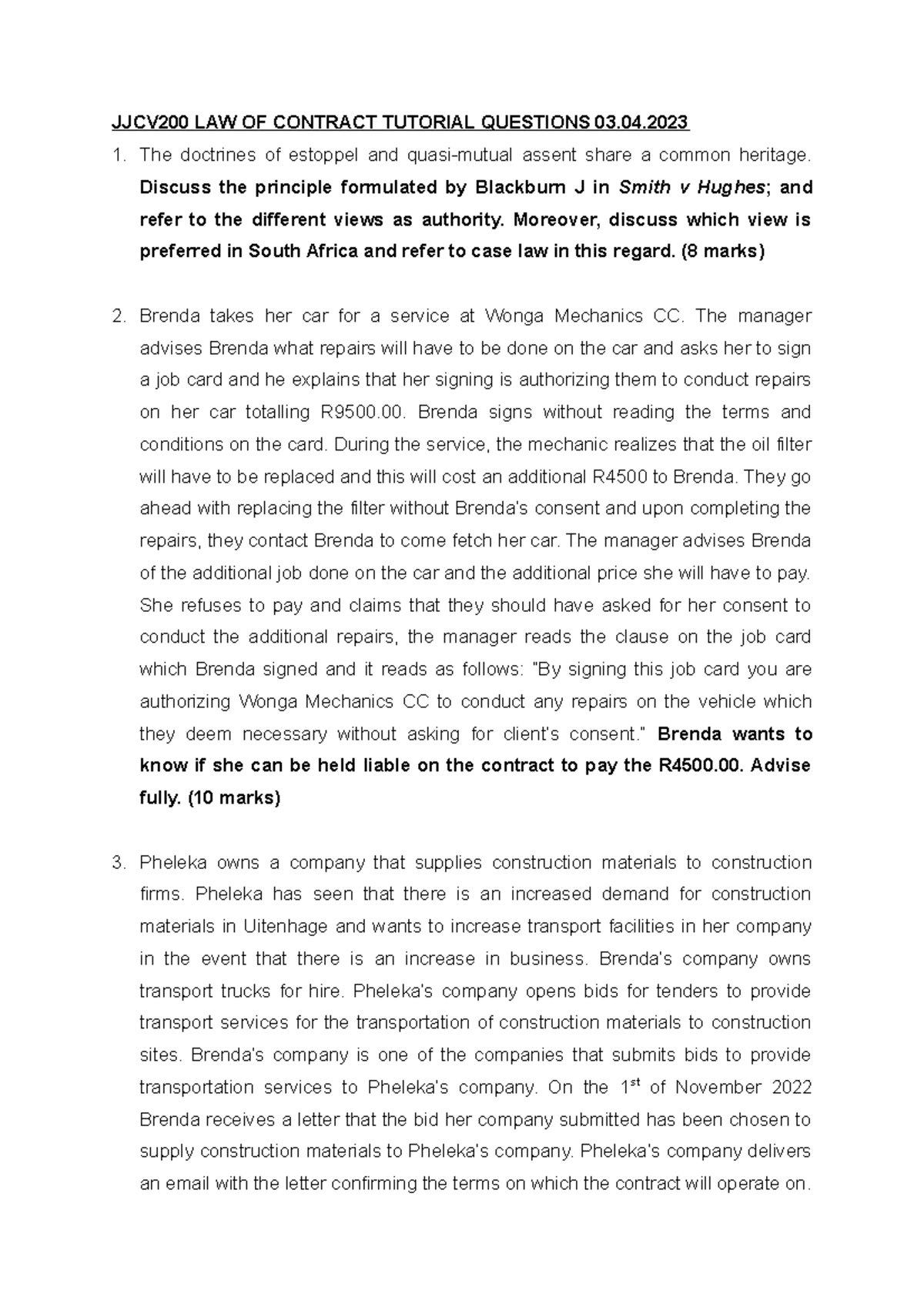 JJCV200 LAW OF Contract Tutorial Questions 03 - JJCV200 LAW OF CONTRACT ...