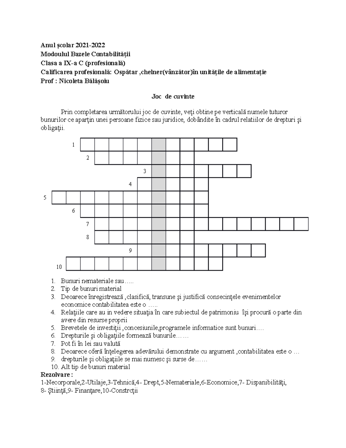 Rebus 1 - Anul școlar 2021- Modoulul Bazele Contabilității Clasa a IX-a ...