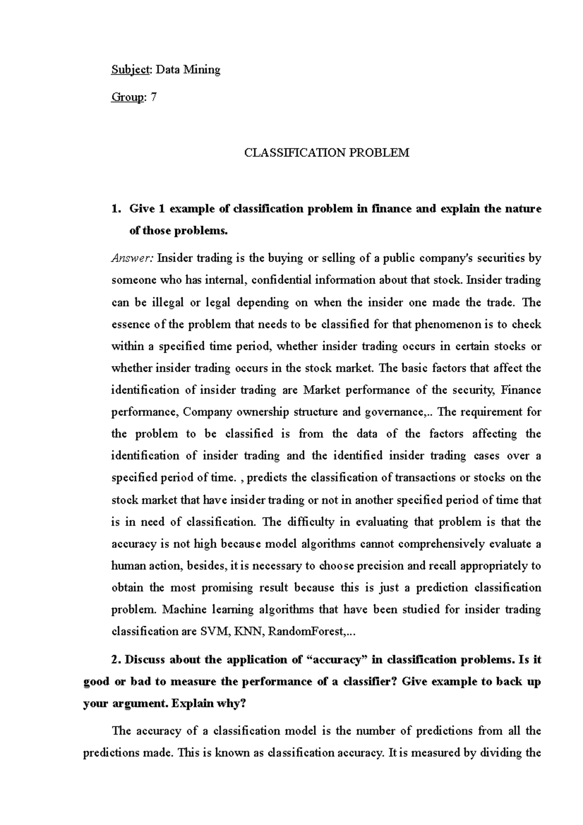 Ex 3 Classification Problem Group 7 - Subject: Data Mining Group: 7 ...