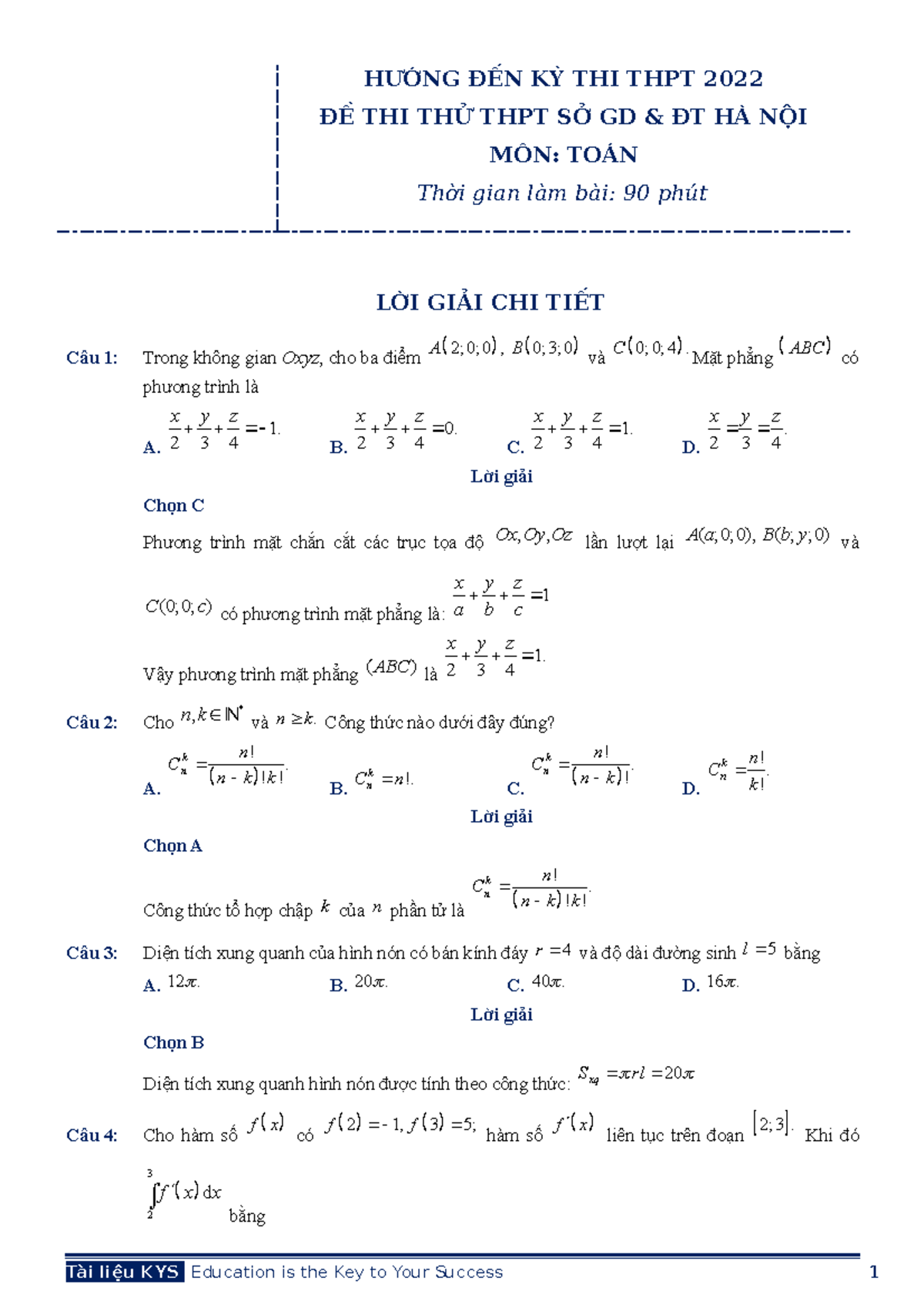 Đáp án chi tiết Đề thi thử THPT Sở Hà Nội - ####### HƯỚNG ĐẾN KỲ THI THPT 2022 ####### ĐỀ THI ...