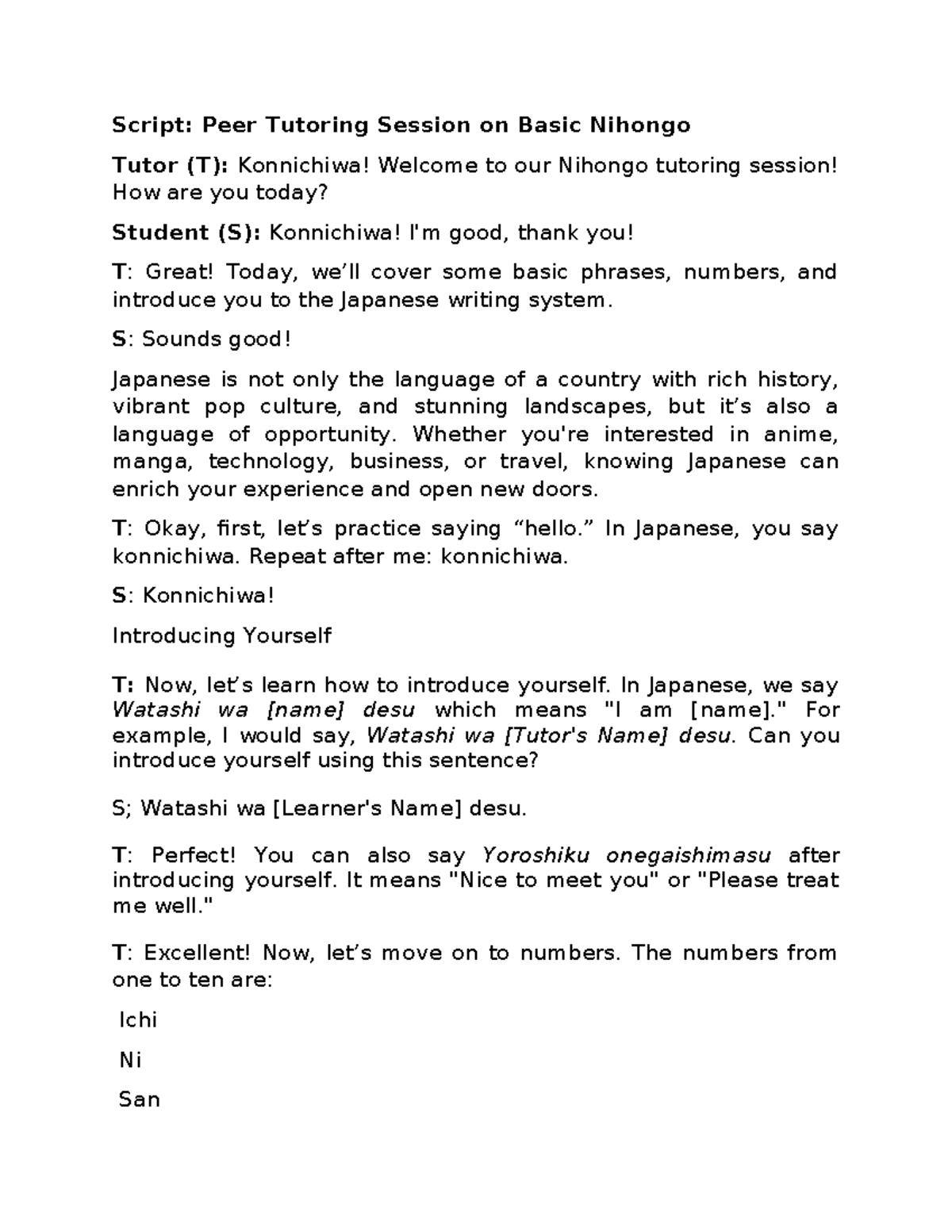 Orata 4 Script - N\A - Script: Peer Tutoring Session on Basic Nihongo ...
