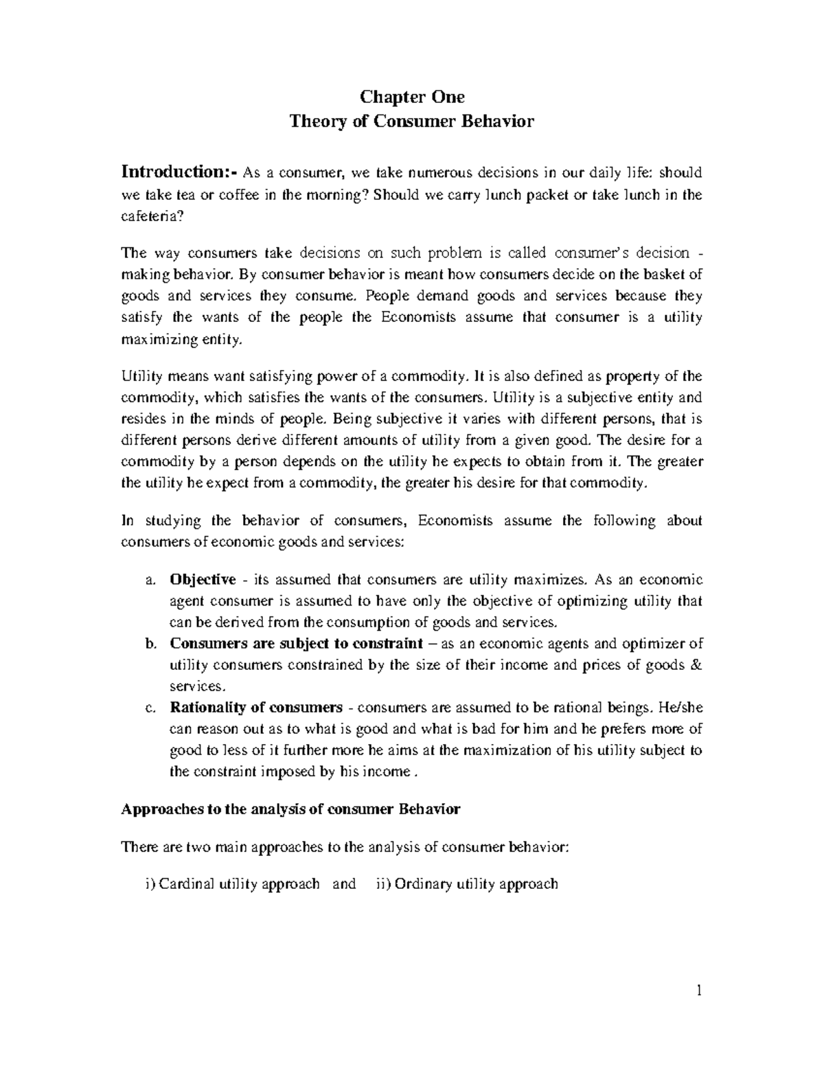 Economic chap 1 - Chapter One Theory of Consumer Behavior Introduction ...