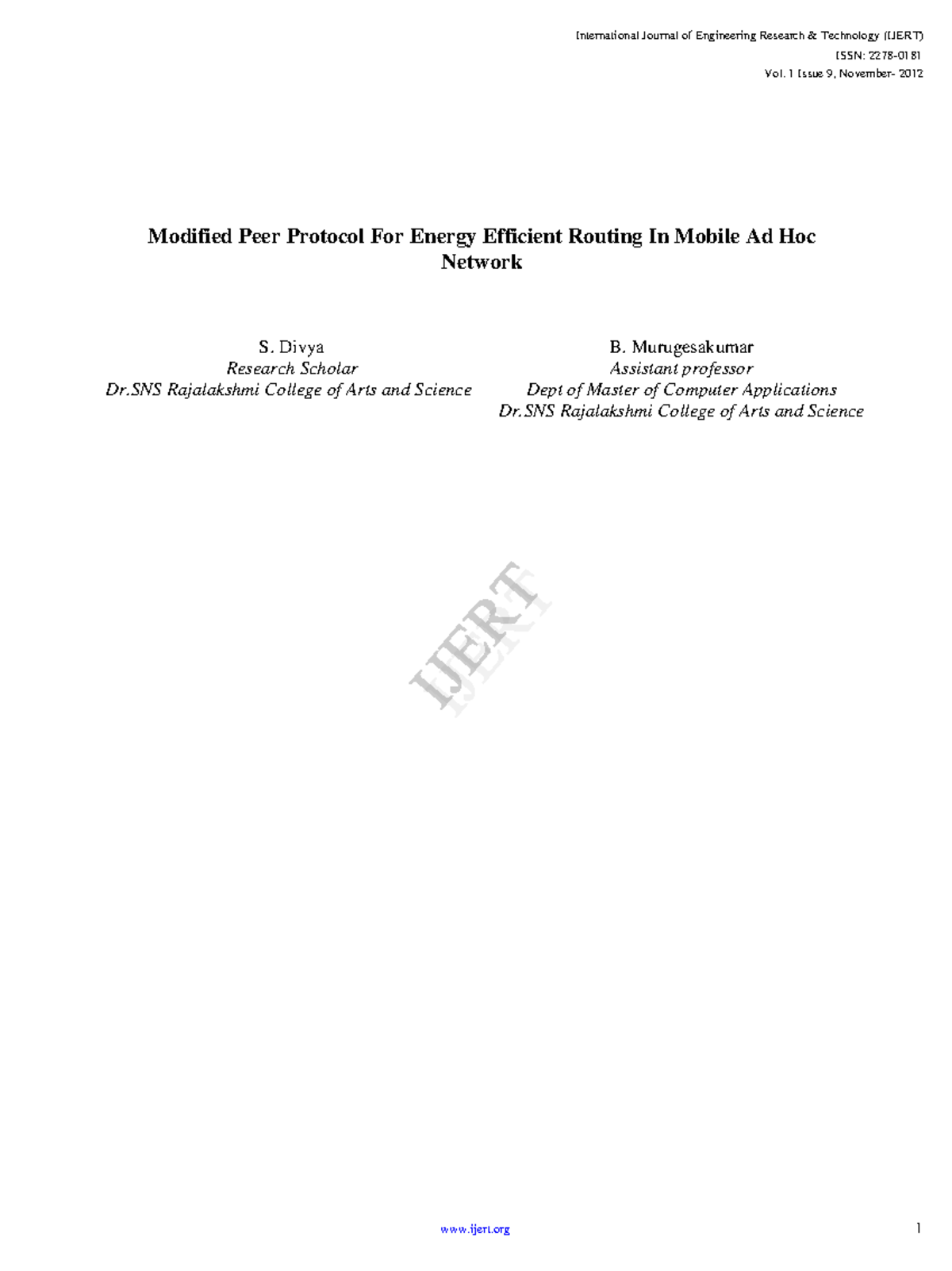 Modified Peer Protocol For Energy Efficient Routing In Mobile Modified Peer Protocol For
