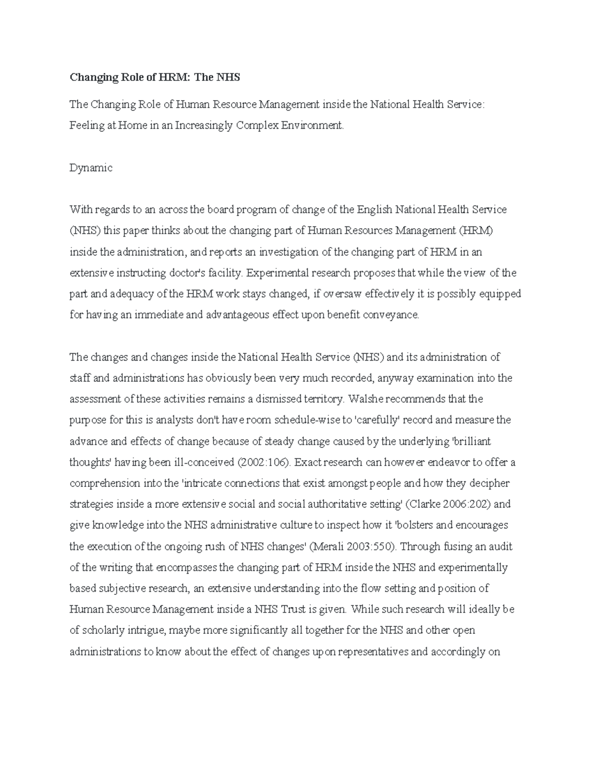 Changing Role of HRM The NHS - Dynamic With regards to an across the ...