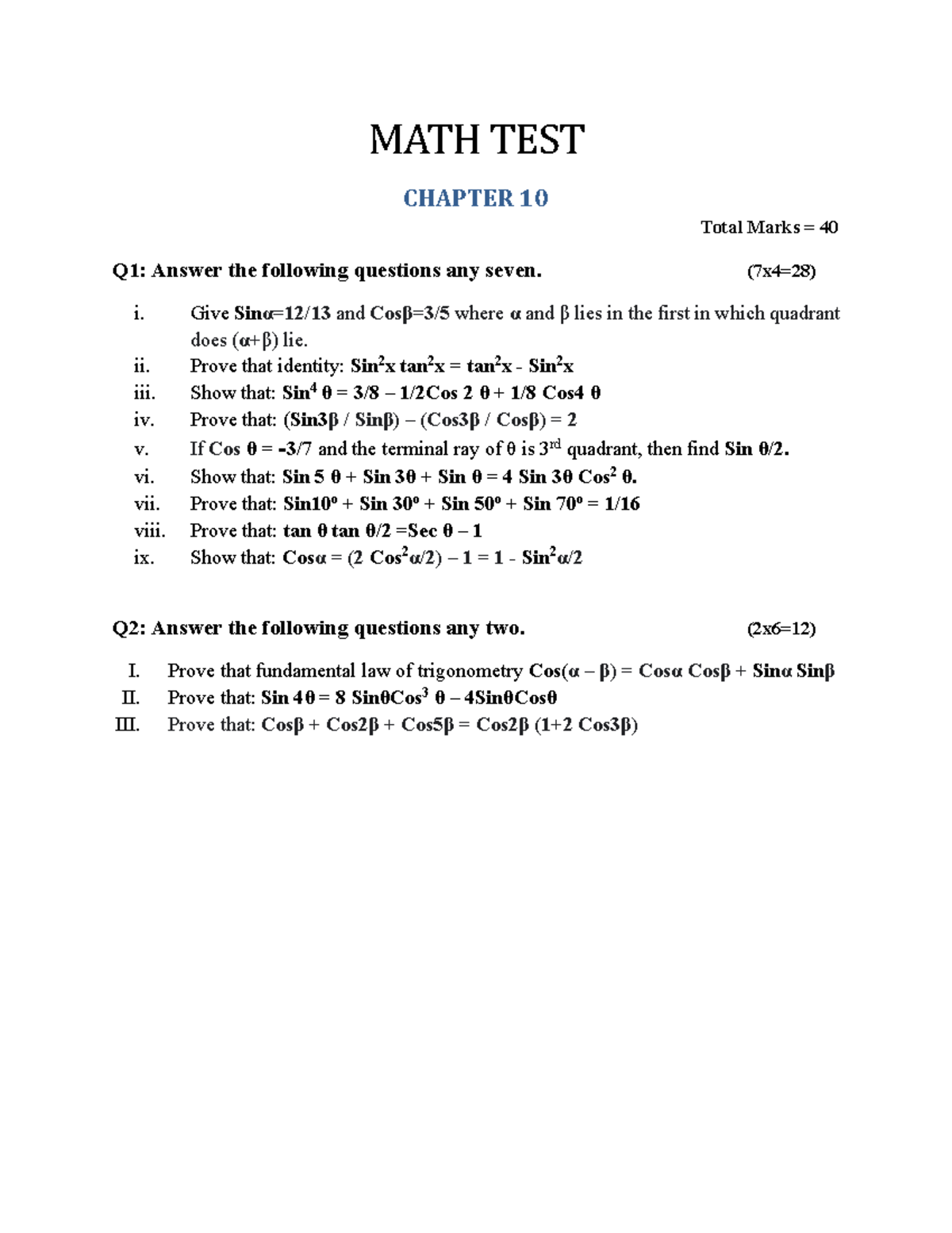 MATH TEST CHAP 10 - i am - MATH TEST CHAPTER 10 Total Marks = 40 Q1 ...