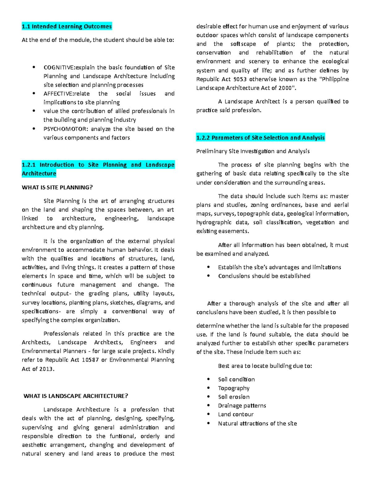 Planning 1 Module 1-2 DOCX - 1 Intended Learning Outcomes At the end of the module, the student ...