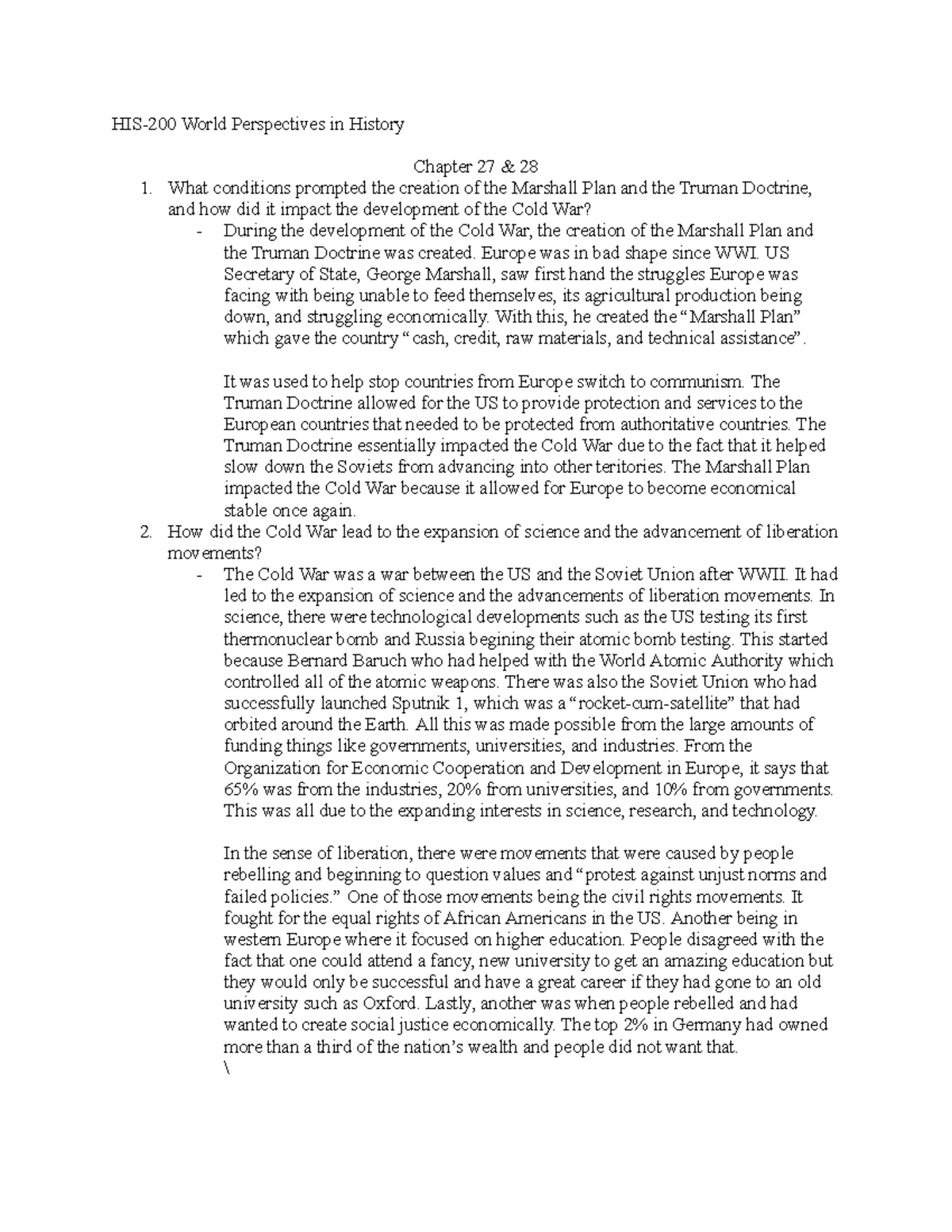 Chapter 27&28 - based on the Cold War - HIS-200 World Perspectives in ...