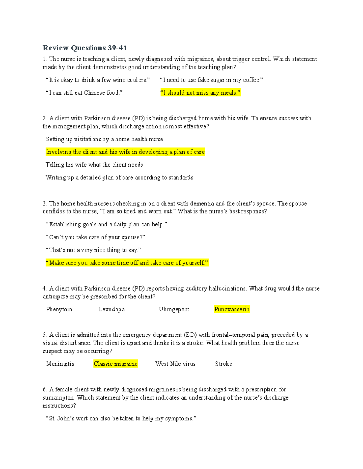 Review Questions 39-41 - Review Questions 39- The nurse is teaching a ...