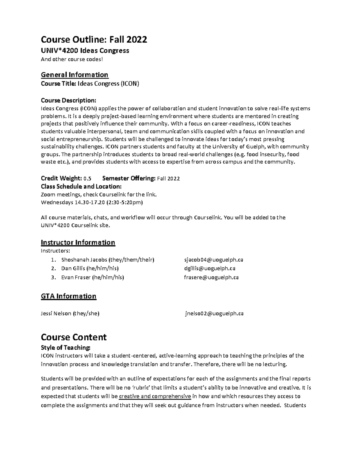 Outline 2022 - Course Outline: Fall 2022 UNIV*4200 Ideas Congress And ...