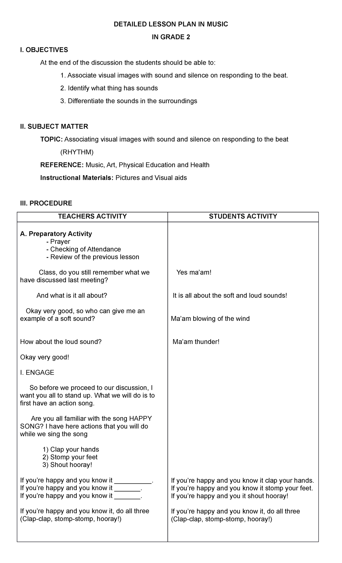 Detailed Lesson PLAN IN Music - DETAILED LESSON PLAN IN MUSIC IN GRADE ...