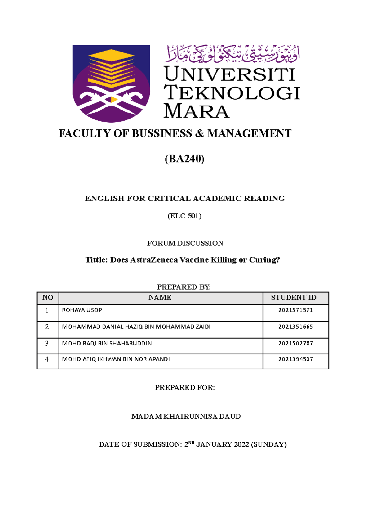 Final Forum ELC501 G3-NBM2A - FACULTY OF BUSSINESS & MANAGEMENT (BA240 ...