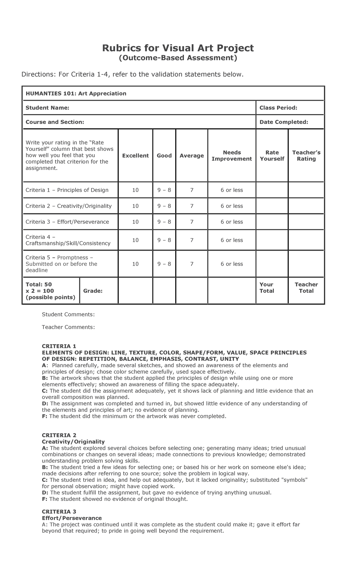 Rubrics for Visual Arts Project - Rubrics for Visual Art Project ...