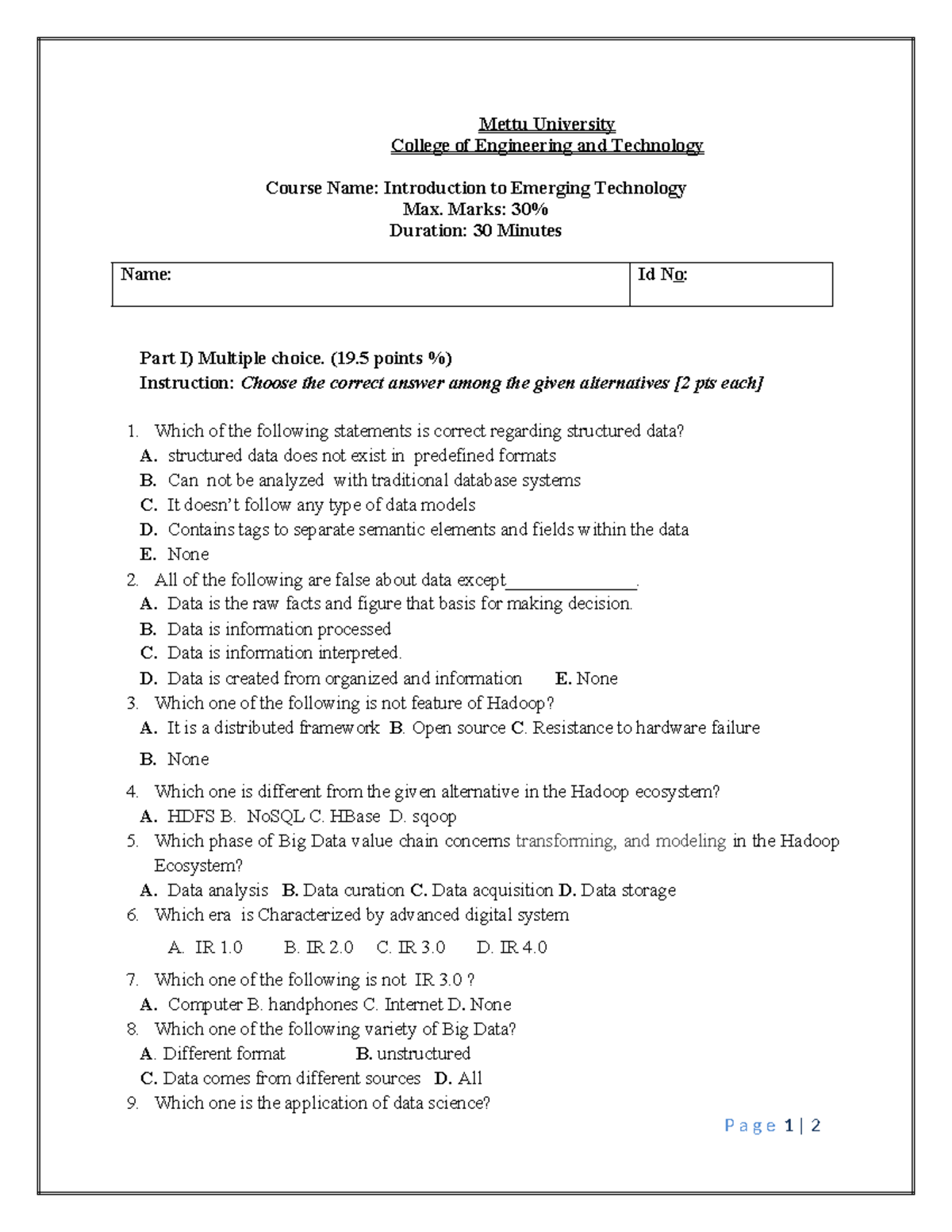Mid Exam ET - good - Mettu University College of Engineering and ...