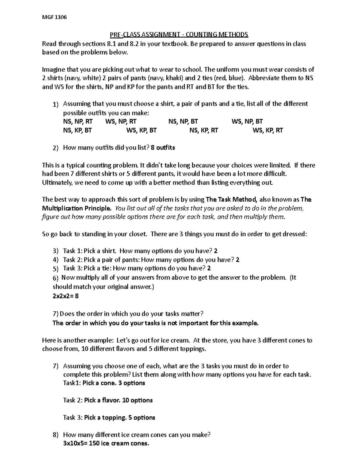 Pre-Class Week 11 (Intro to Counting) - MGF 1106 PRE-CLASS ASSIGNMENT - COUNTING METHODS Read ...