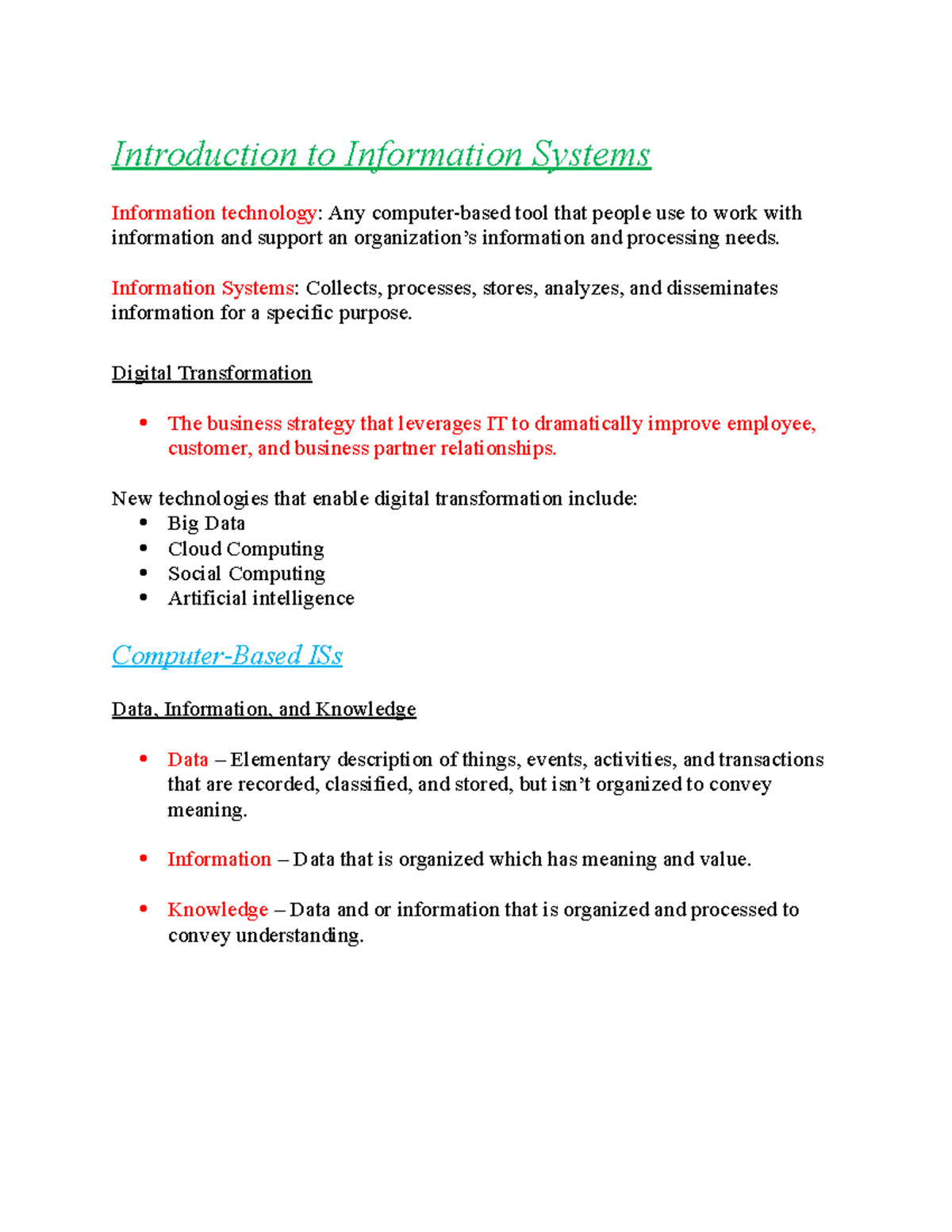 BUSI 1004 B Class Notes - Introduction to Information Systems ...