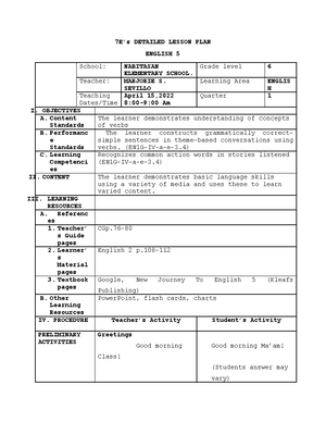 7ES Lesson PLAN for demo teaching in english - 7Es SEMI-DETAILED LESSON ...
