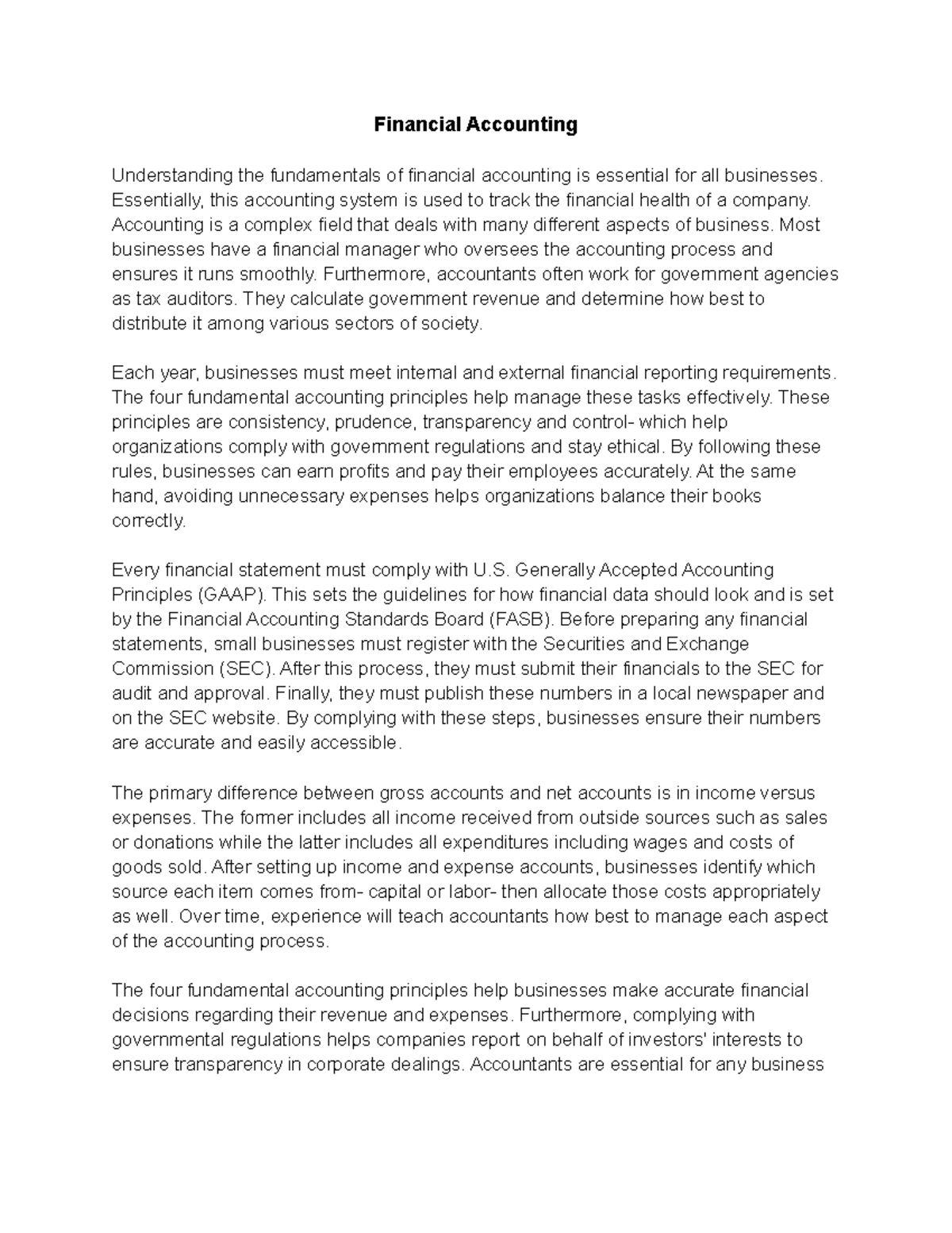 Financial Accounting Paper - Financial Accounting Understanding the ...