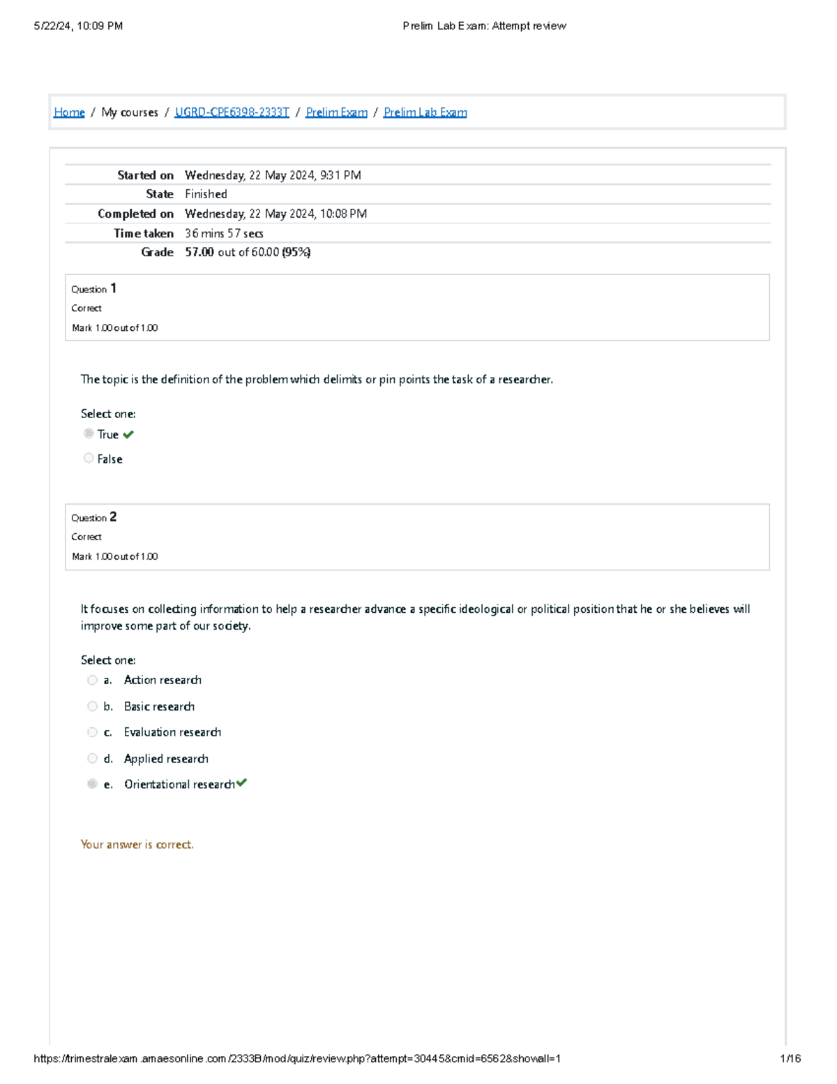 Prelim-Lab-Exam -Attempt-review - Home / My courses / UGRD-CPE6398-2333T / Prelim Exam / Prelim ...