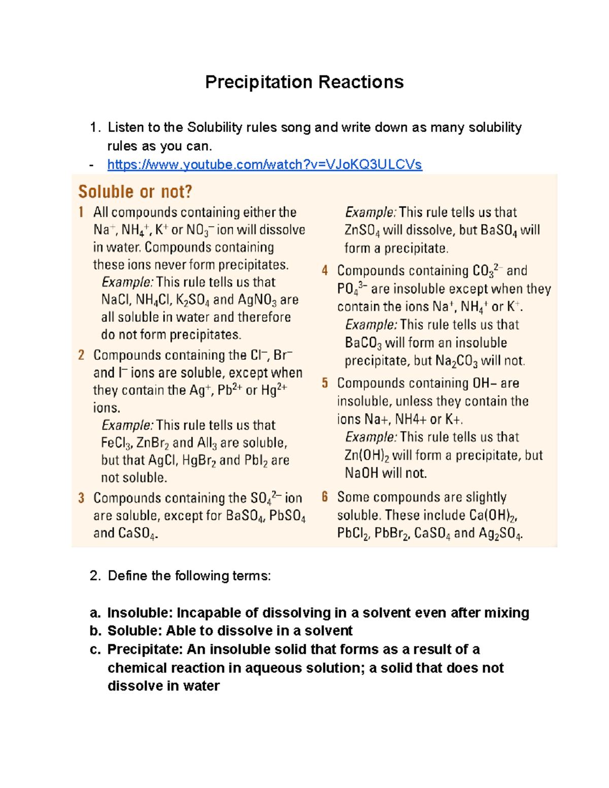 Precipitation Reactions - Listen to the Solubility rules song and write ...