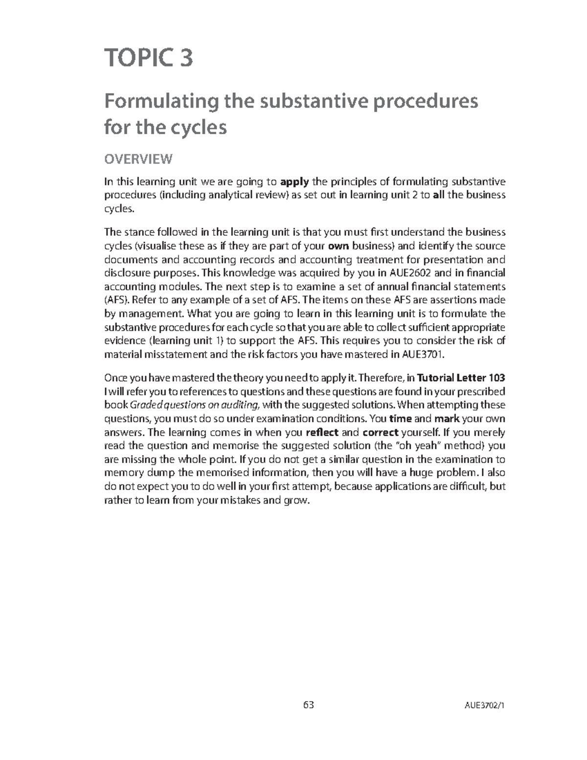Lesson+3 - Summary for Substantive procedures module - 63 AUE3702/ TOPIC 3 Formulating the - Studocu