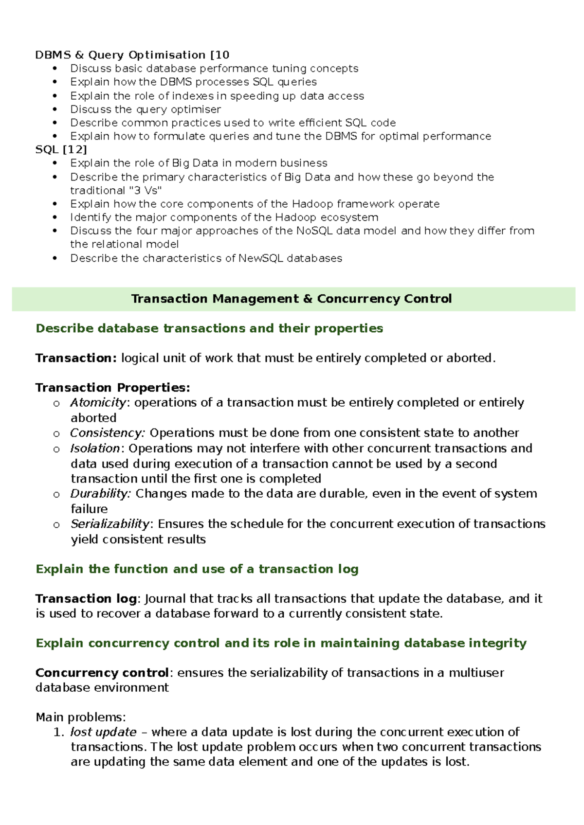 Summaries Cmpg321 - DBMS & Query Optimisation [ Discuss basic database performance tuning - Studocu