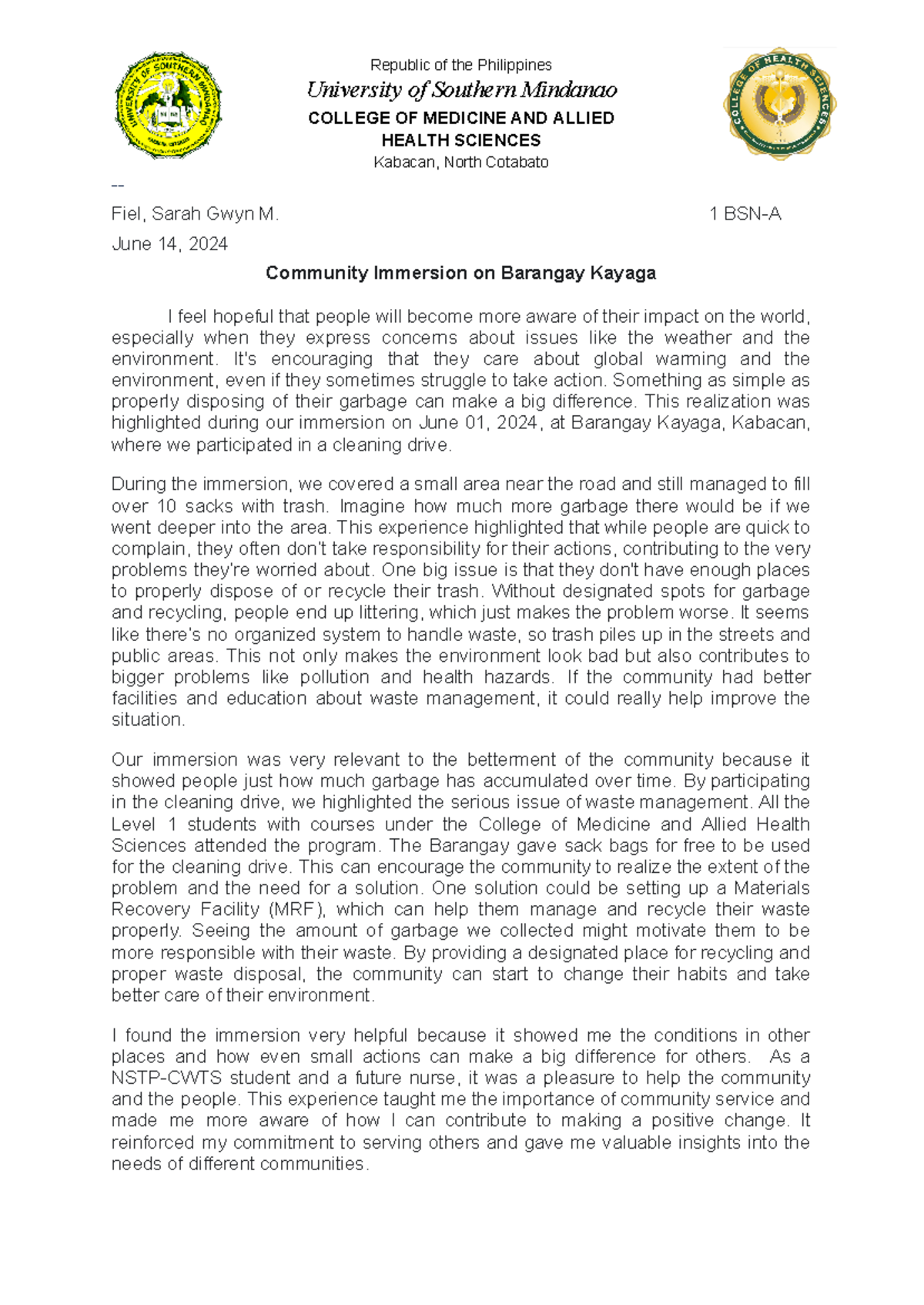 NSTP Journal - Republic of the Philippines University of Southern ...