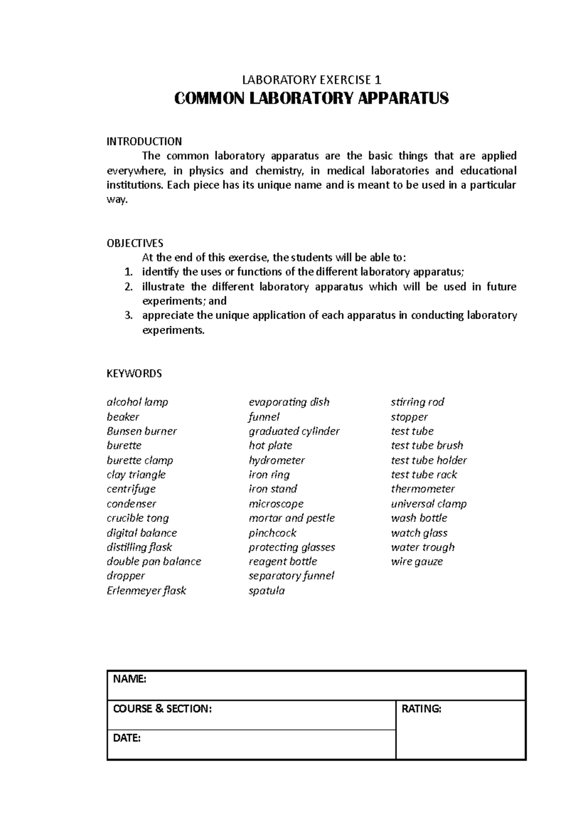 Laboratory- Exercise-1 - LABORATORY EXERCISE 1 COMMON LABORATORY ...