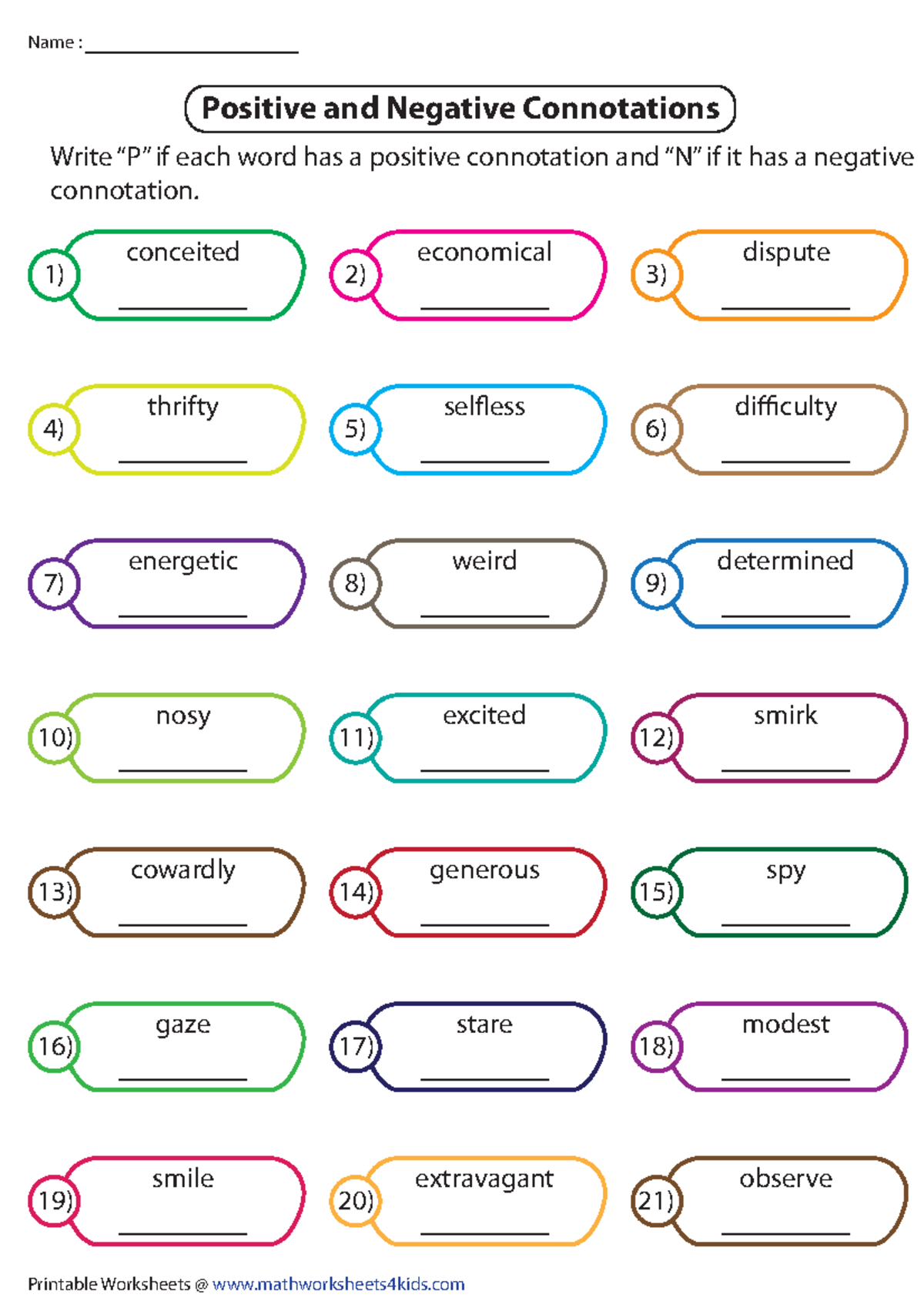Positive-negative - for grade Three student - Write “P” if each word ...