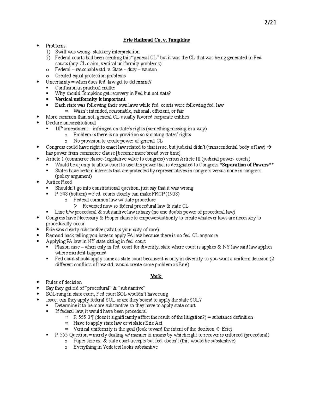 2:21 Notes - Lecture Main Points - 2/ Erie Railroad Co. v. Tompkins ...