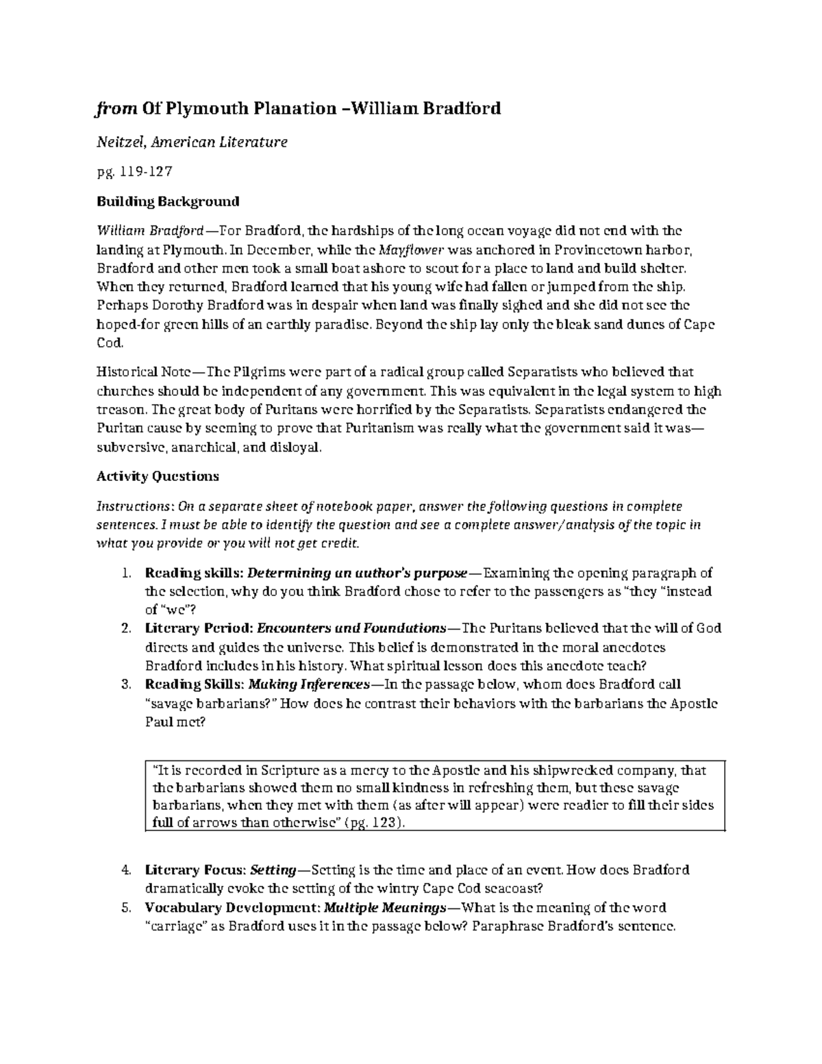 Of Plymouth Planation Activity - from Of Plymouth Planation –William ...