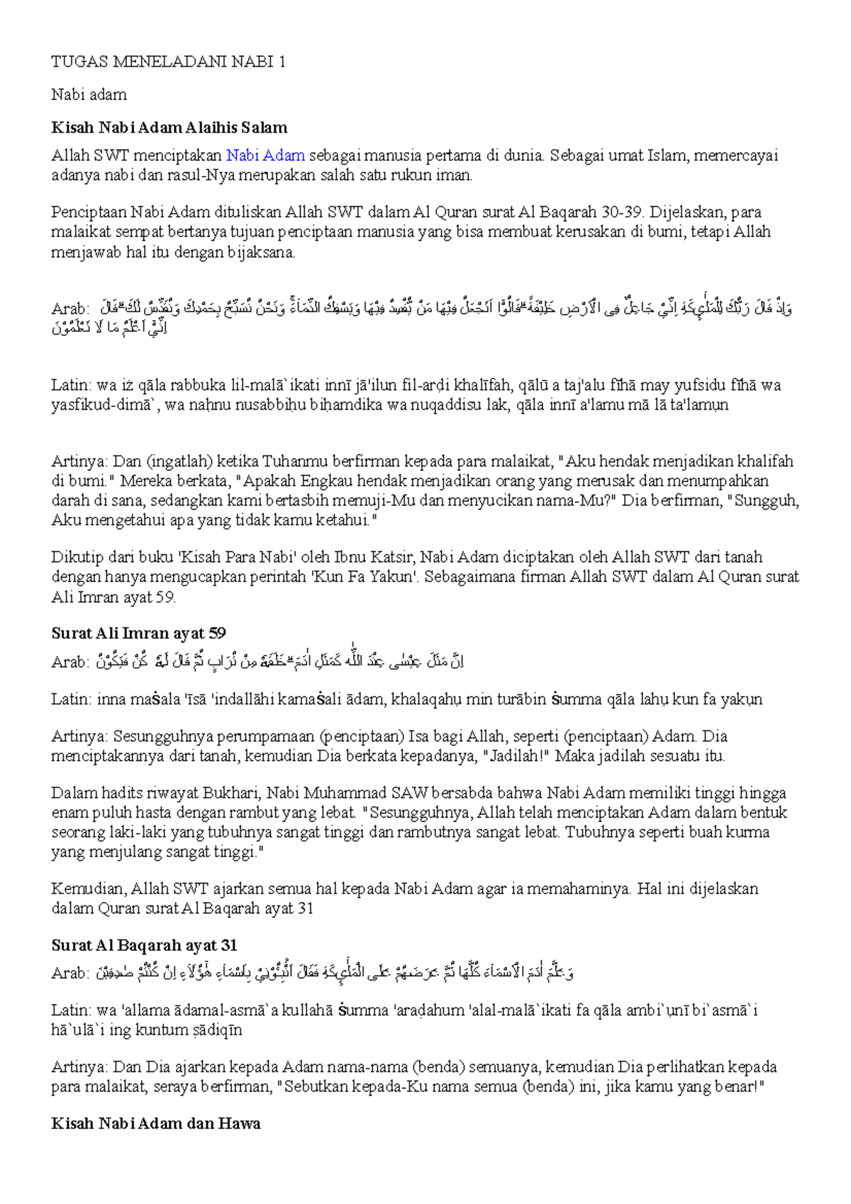 Tugas Meneladani NABI 1 - TUGAS MENELADANI NABI 1 Nabi adam Kisah Nabi ...