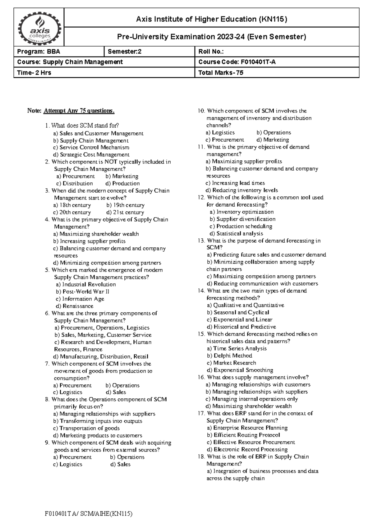 SCM SET- 2 - Axis Institute of Higher Education (KN115) Pre-University ...