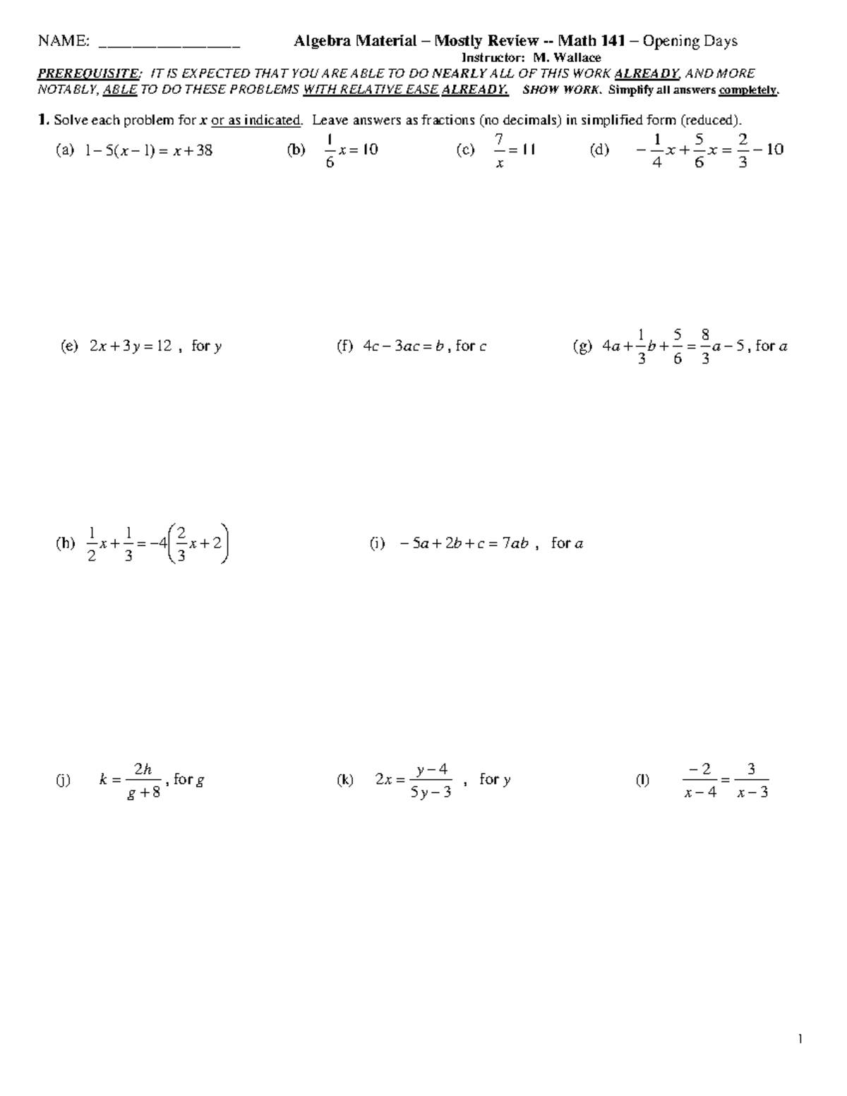 Math141-Handout 0 Opening Algebra 2021 - NAME ...