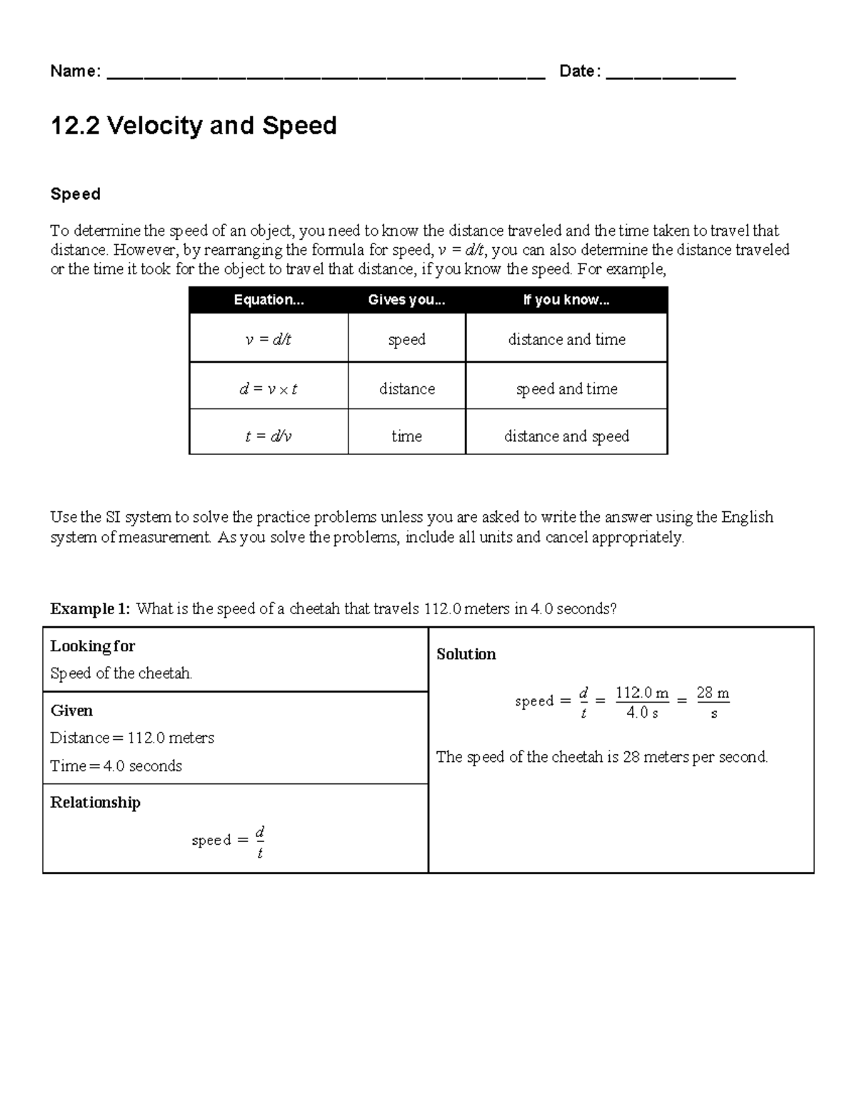 Velocityand Speed - work for school - Name