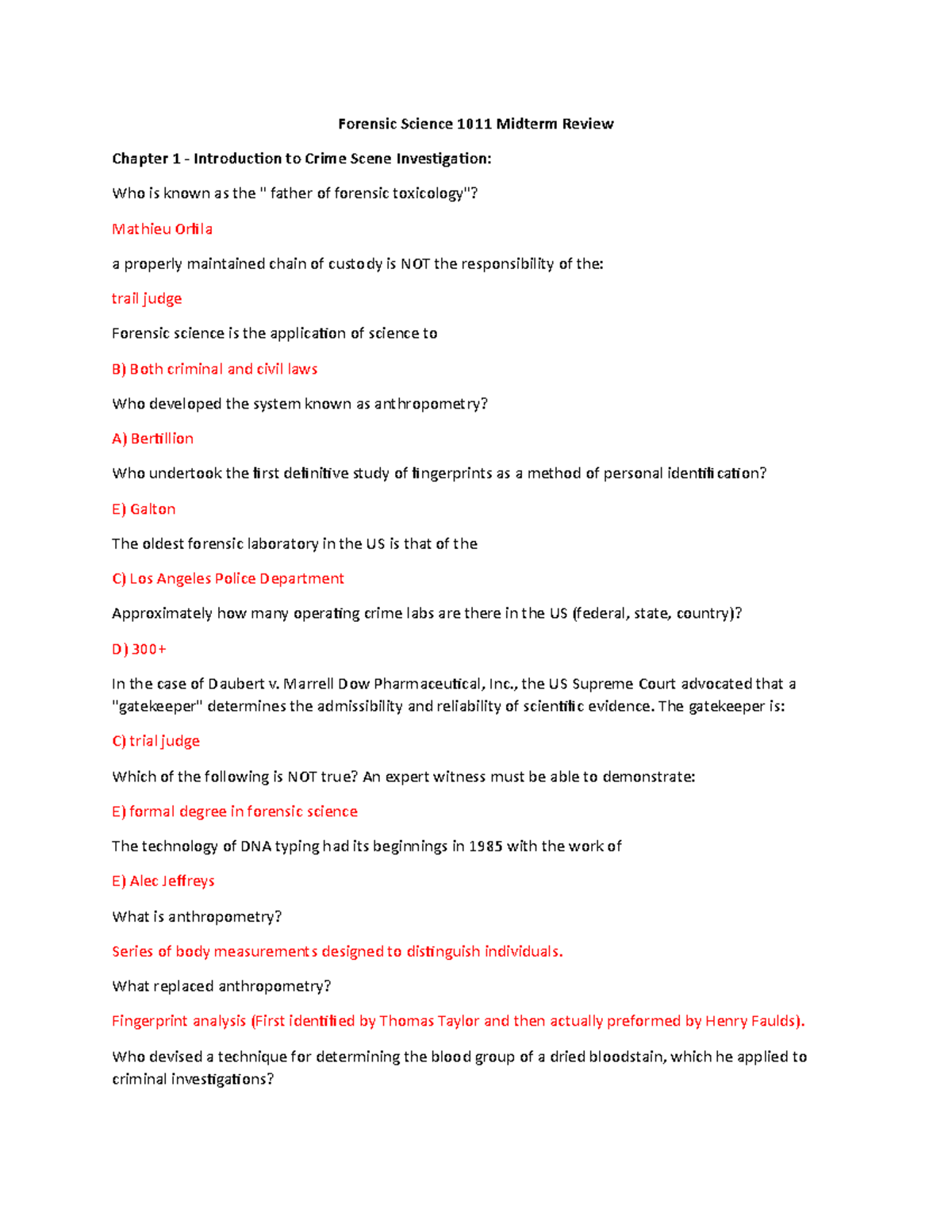 Forensic Science 1011 Midterm Review Forensic Science 1011 Midterm Review Chapter 1