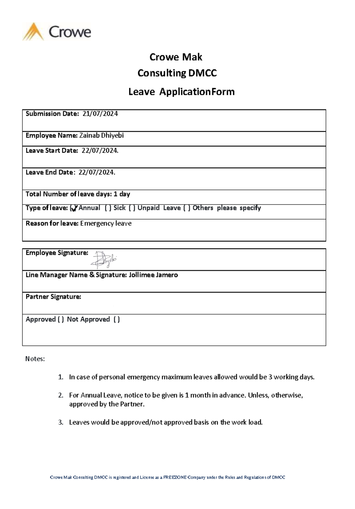 Emergency leave request July - Crowe Mak Consulting DMCC Leave ...