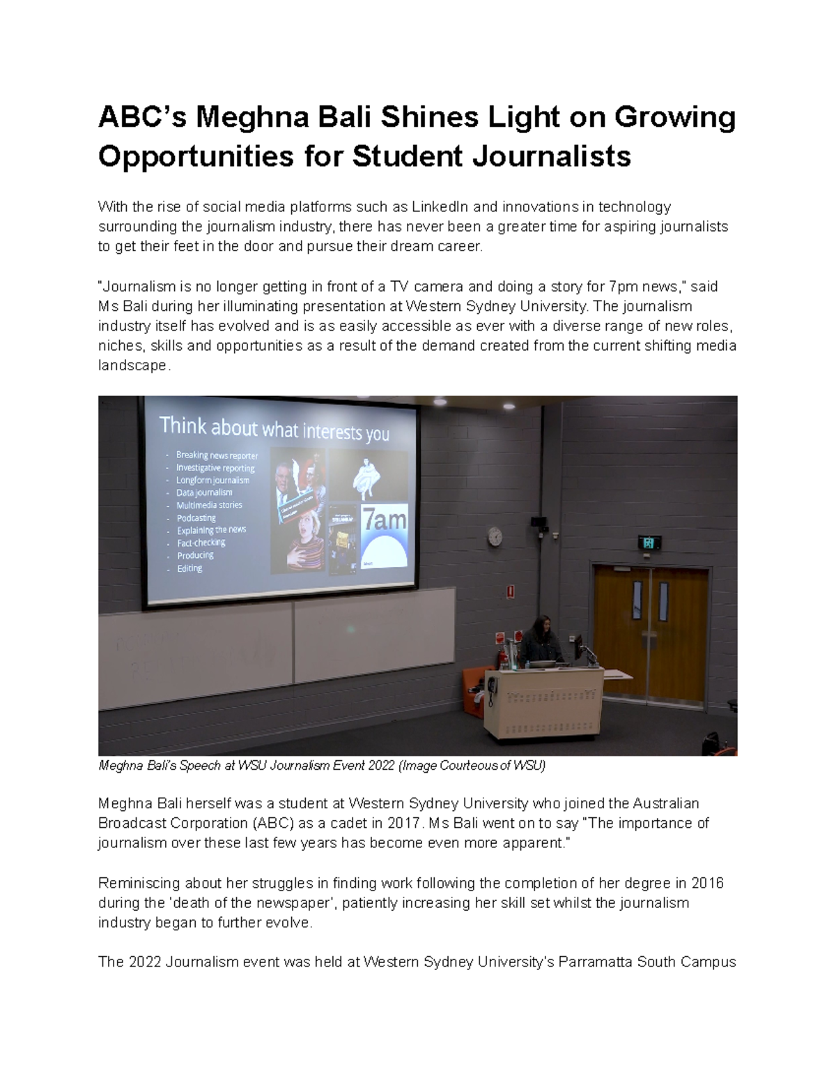 Assignment 2 - Journalism Event Story - ABC’s Meghna Bali Shines Light ...