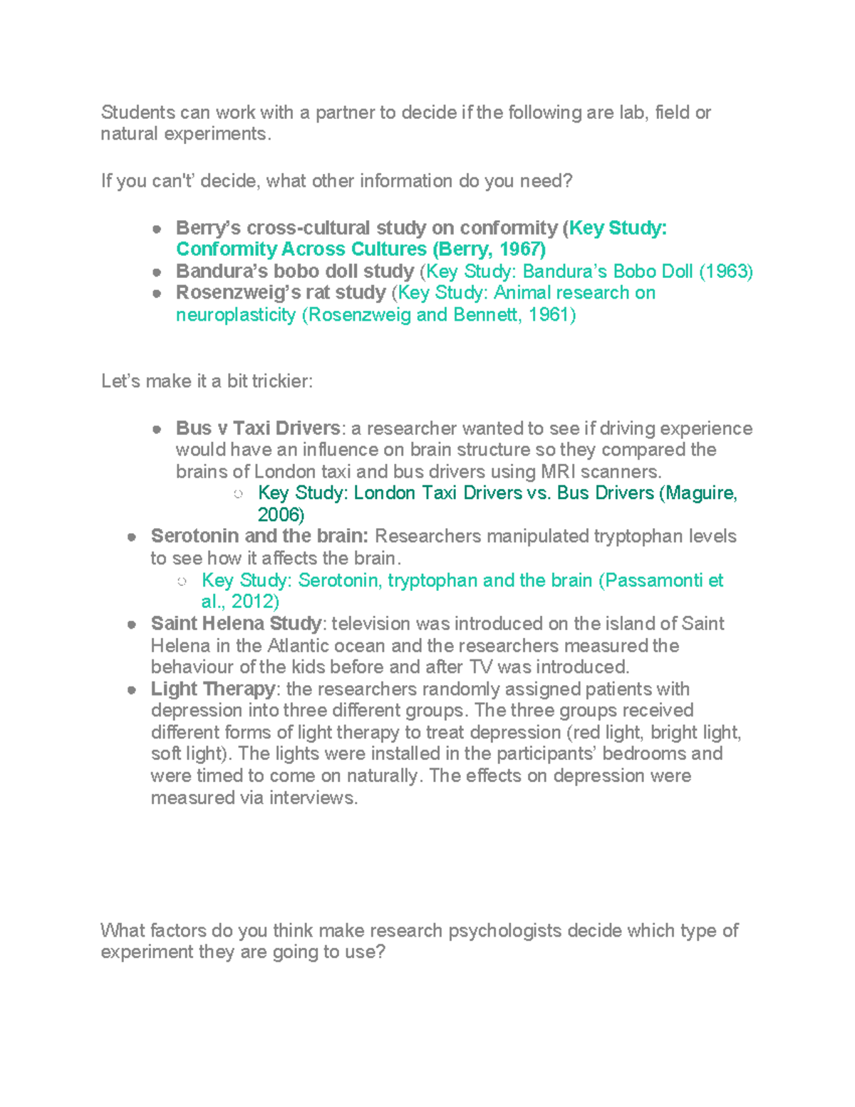 Lab, field and natural experiments - Students can work with a partner ...