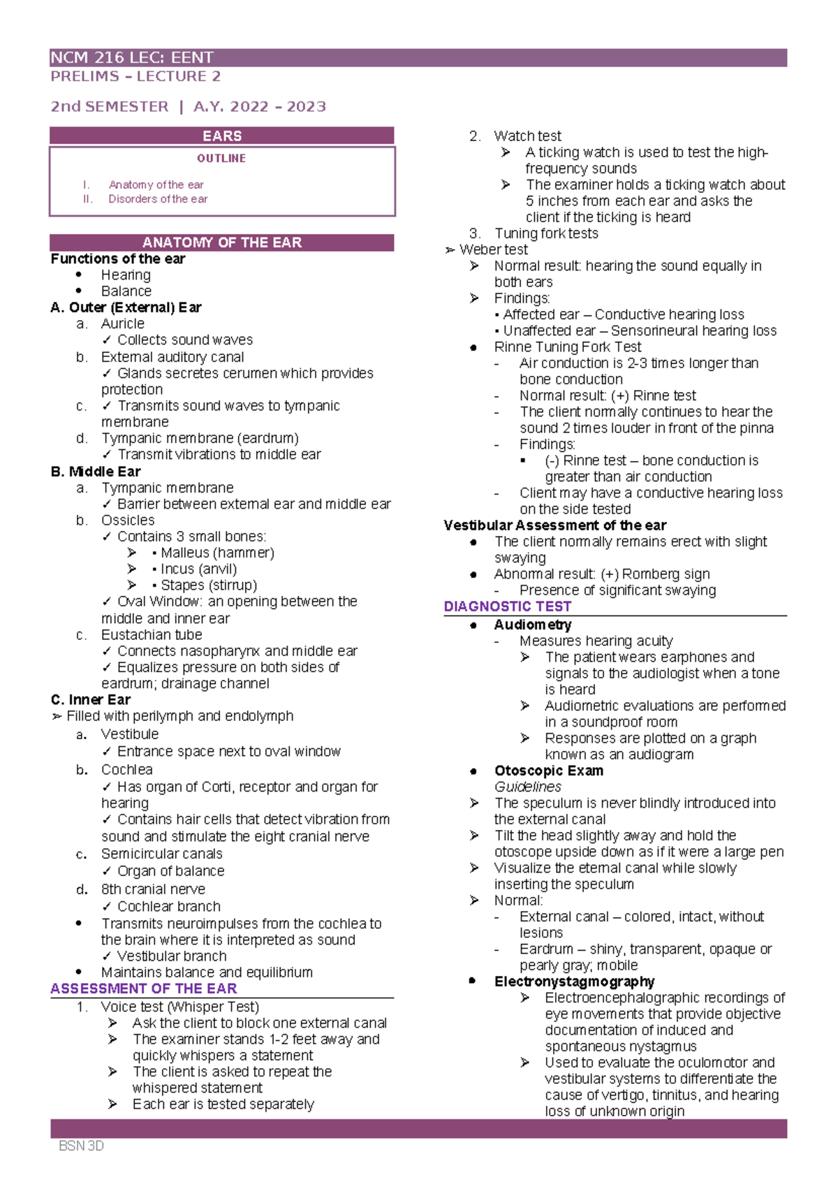 Ears notes day 2 - NCM 216 LEC: EENT PRELIMS – LECTURE 2 2nd SEMESTER ...