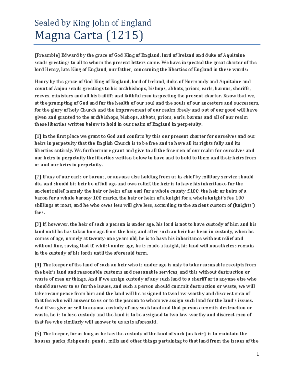 Magna Carta - [Preamble] Edward by the grace of God King of England ...