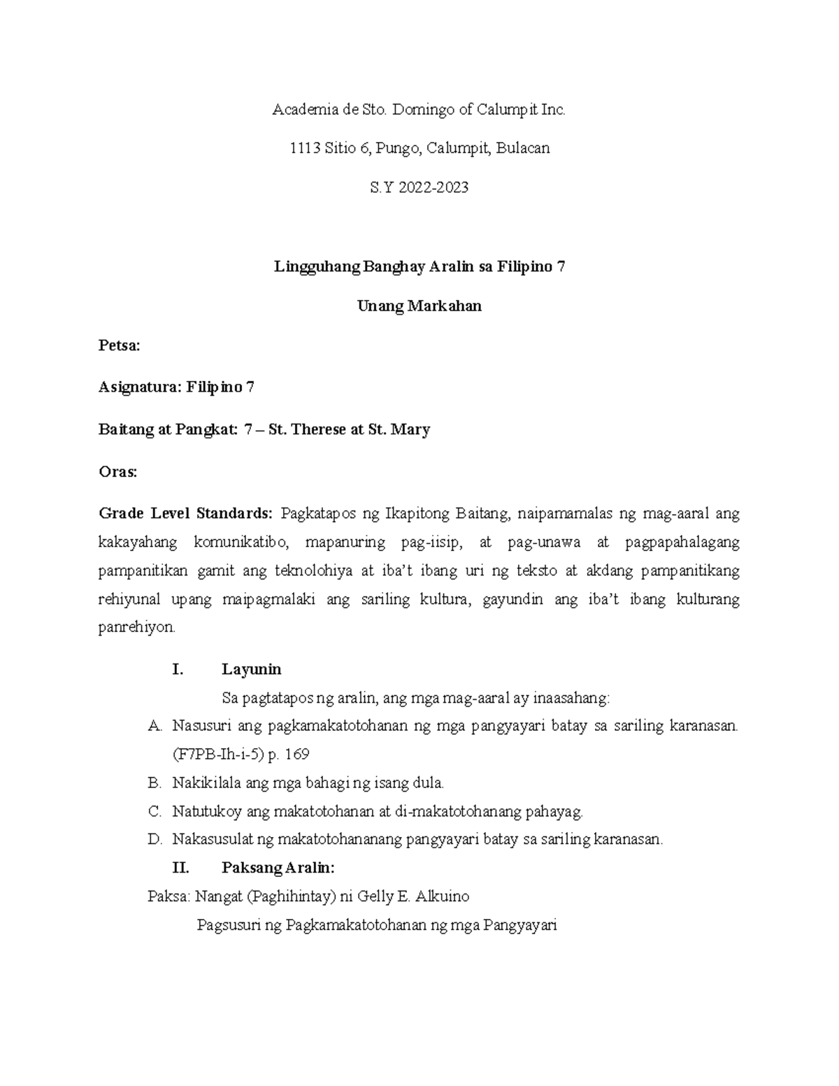 FIL7 - WEEK 5 - Lesson Plan - FIL 7 WEEK 5 - Academia de Sto. Domingo ...