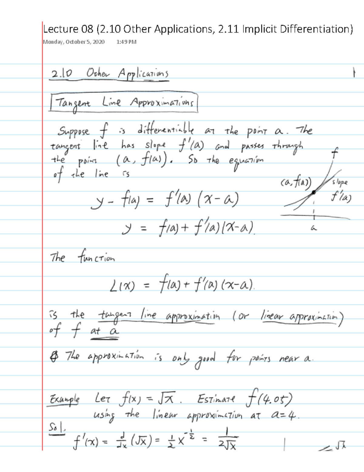 Lecture 08 (2.10 Other Applications, 2.11 Implicit Differentiation ...