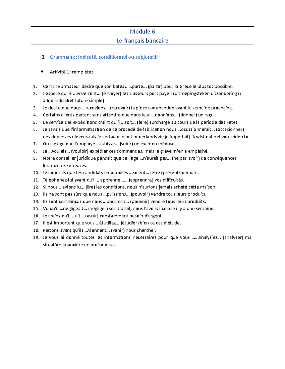 Le français bancaire étudiants module 6 - Module 6 Le français bancaire ...