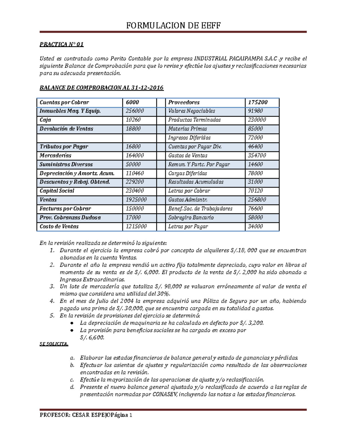 Practica Elaboracion EEFF - FORMULACION DE EEFF PRACTICA N° 01 Usted es ...