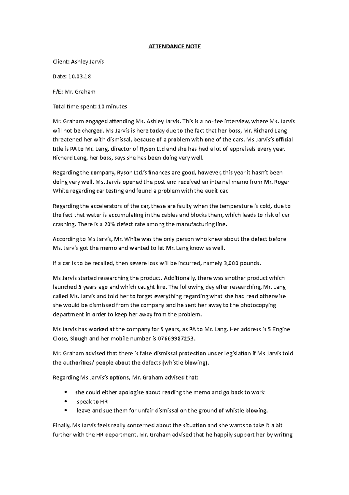 Seminar 1- Attendance NOTE - ATTENDANCE NOTE Client: Ashley Jarvis Date ...