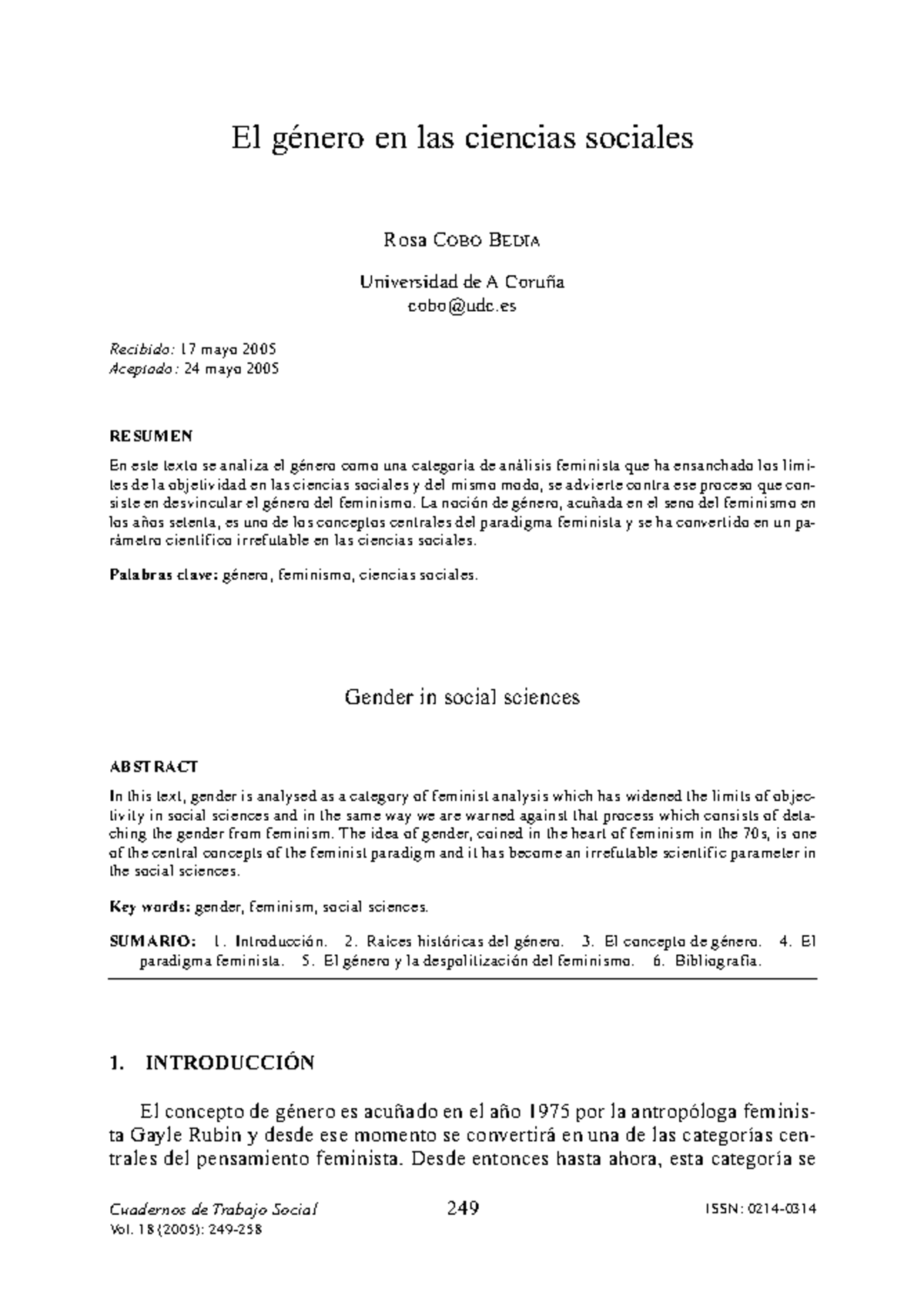 Tema 3. COBO El concepto de genero en las CCSS - El género en las ciencias sociales Rosa C OBO B ...