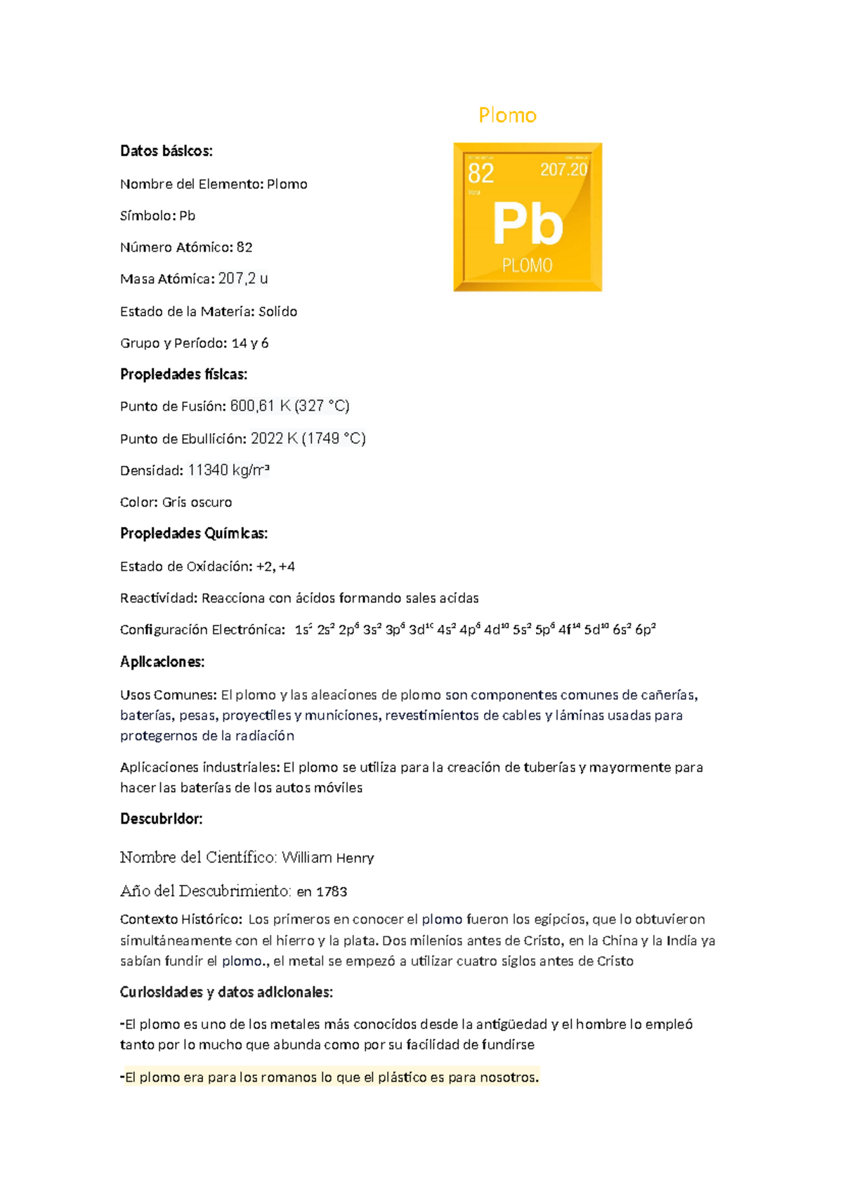 quimica (plomo) - Plomo Datos básicos: Nombre del Elemento: Plomo ...