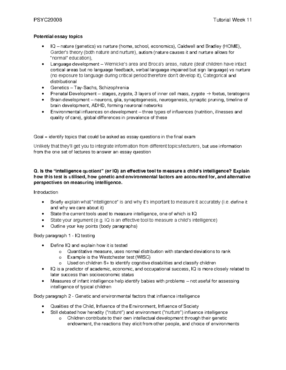 PSYC2000 8 2018 Tutorial Week 11 - Warning: TT: undefined function: 32 Potential essay topics IQ ...