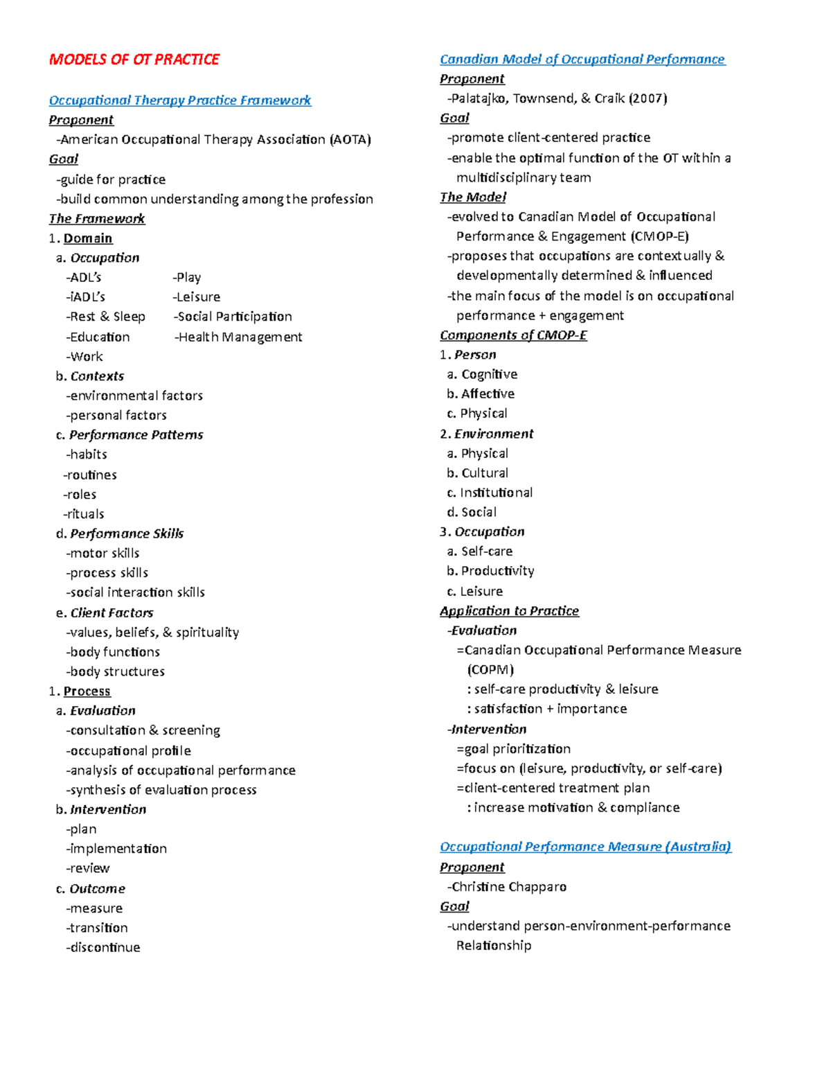 models of ot practice - MODELS OF OT PRACTICE Occupational Therapy ...