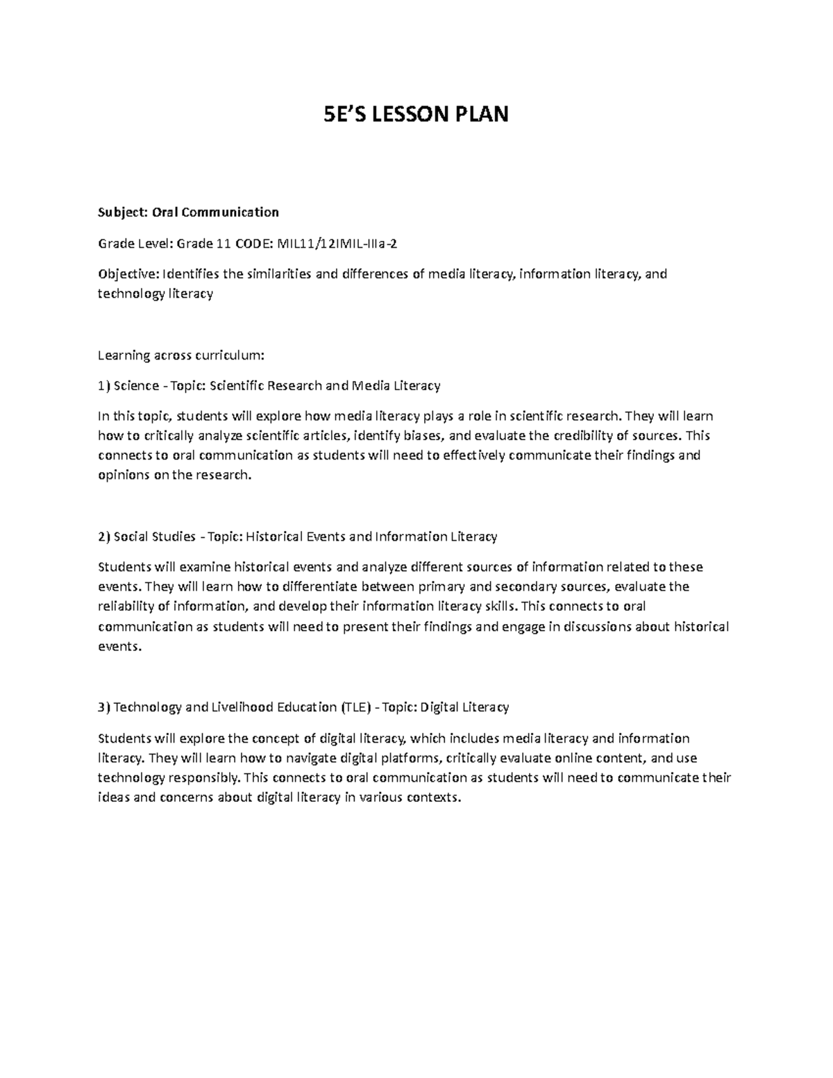 5E'S LPLESSON PLAN IN MIL - 5E’S LESSON PLAN Subject: Oral ...